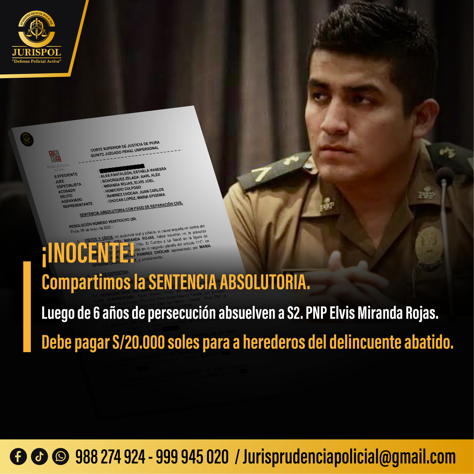 Sentencia absolutoria con pago de reparación civil del Policía Elvis ...